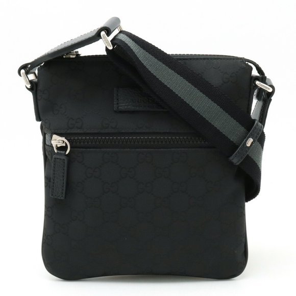 Gucci | Bags | Gucci Gg Nylon Shoulder Bag Sacoche Leather Black Grey ...